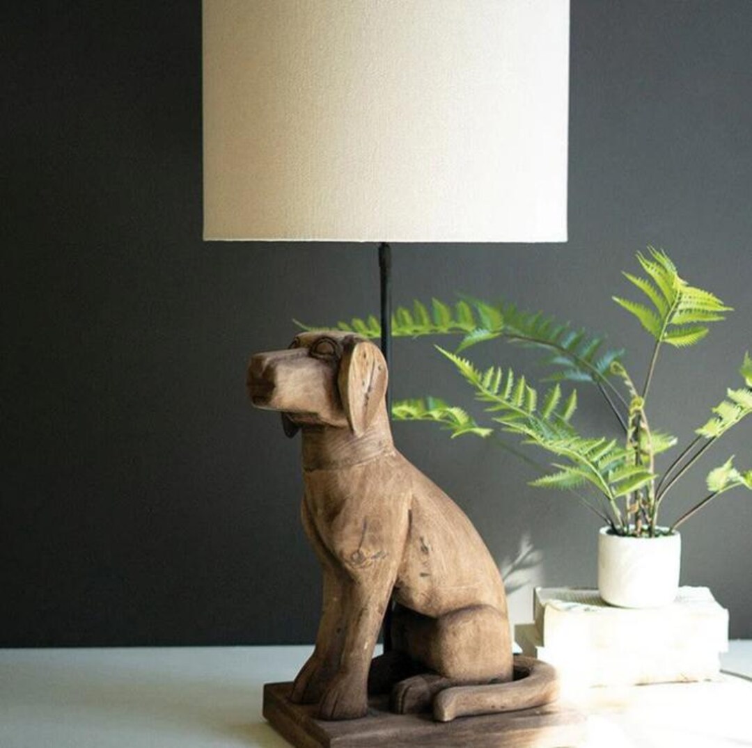 Vintage Wooden Dog Table Lamp With Fabric Shade - Etsy