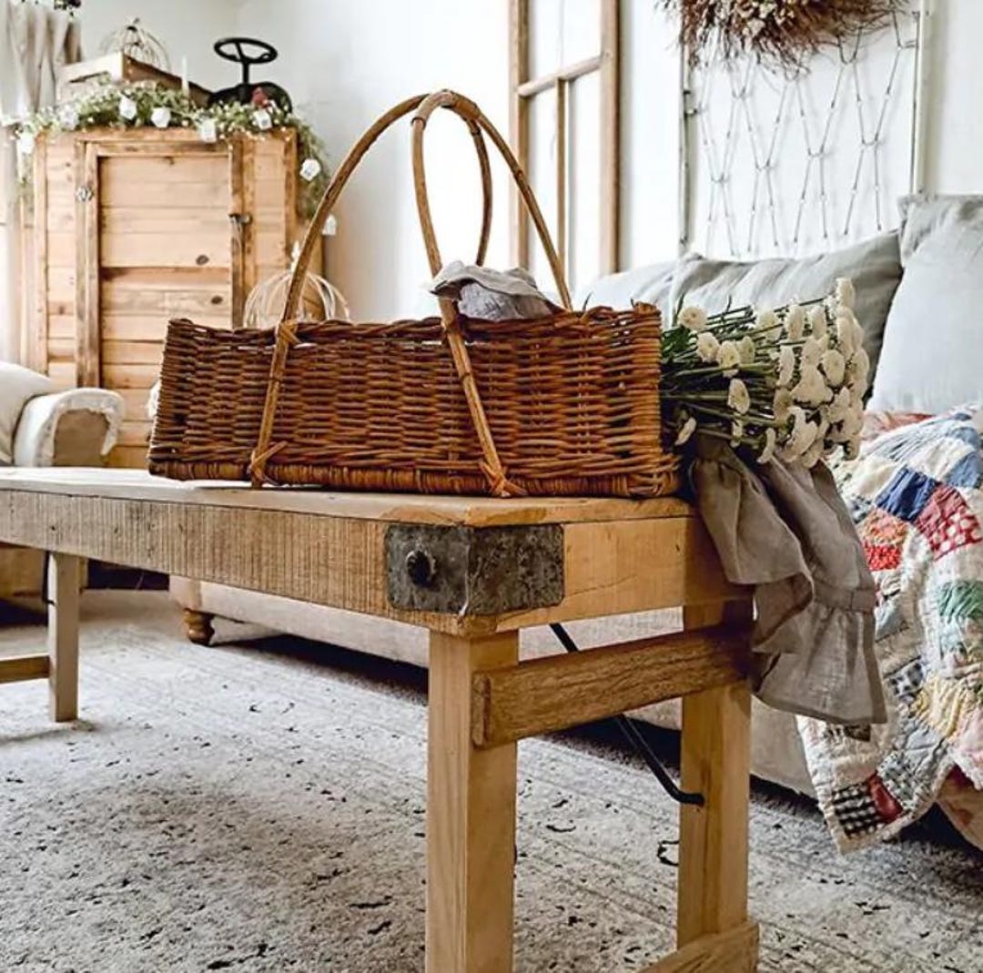 Vintage Large Handled Natural Rattan Display Basket - Etsy