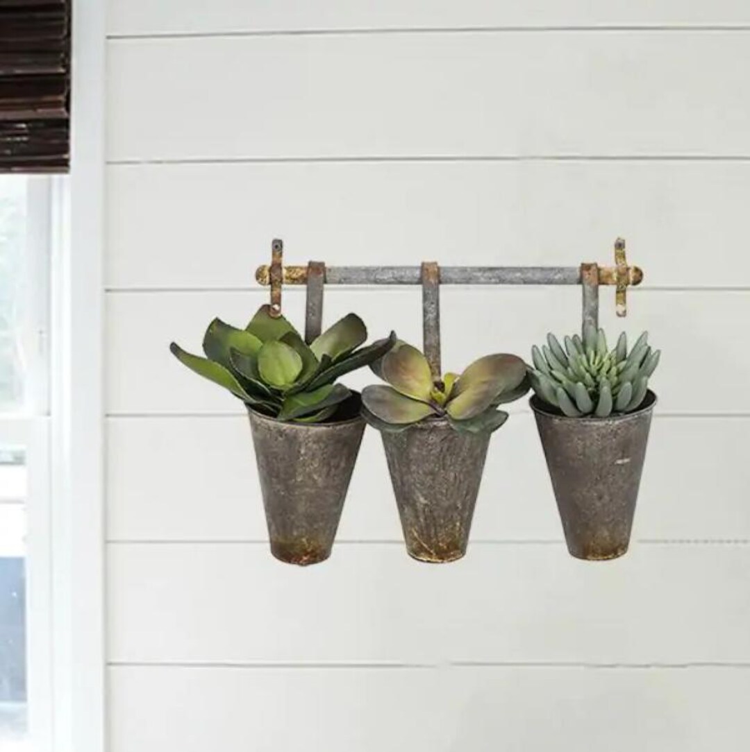 Antique Metal Wall Rack With 3 Hanging Tin Pots - Etsy