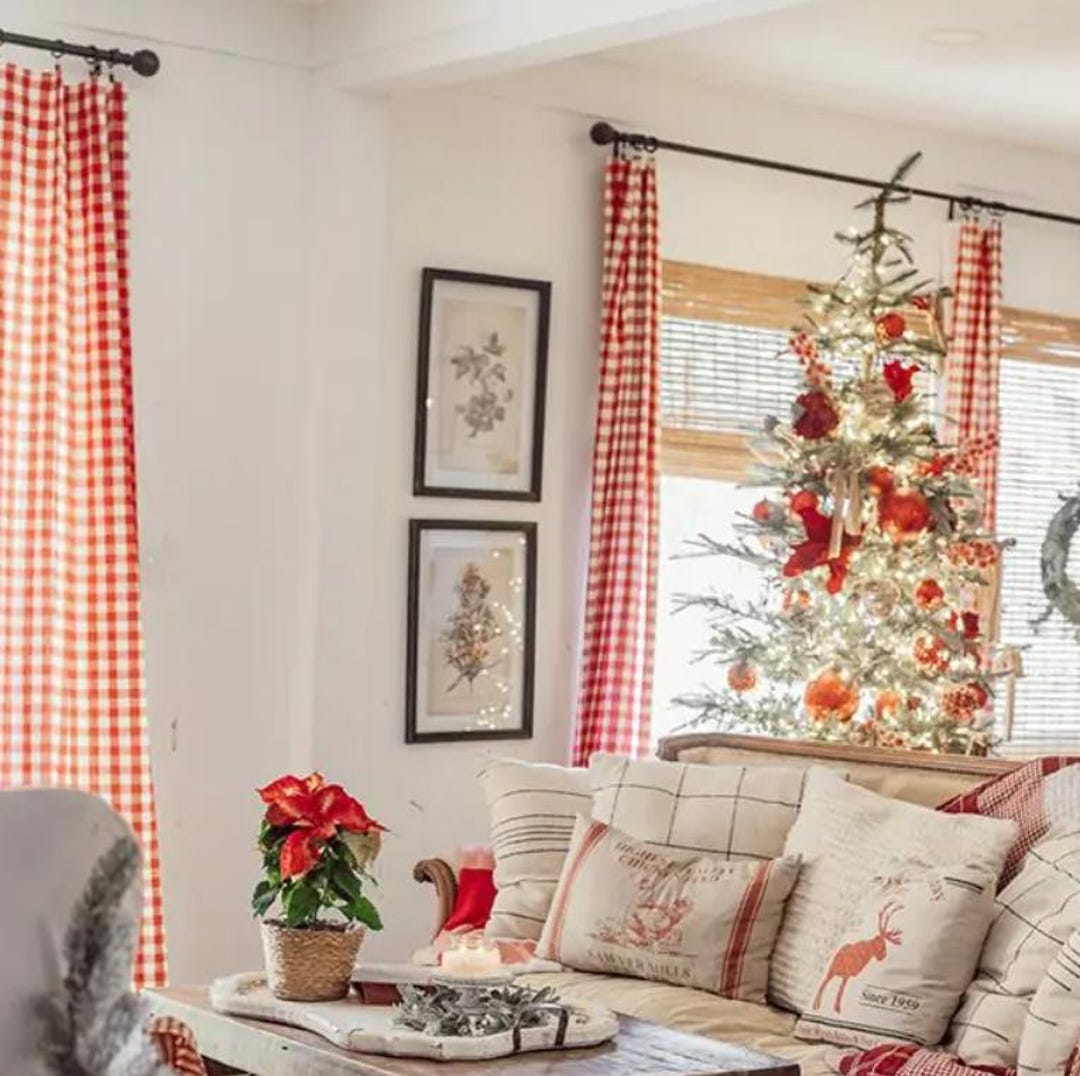 Vintage Classic Farmhouse Red Check Curtain Panels Set of 2 - Etsy