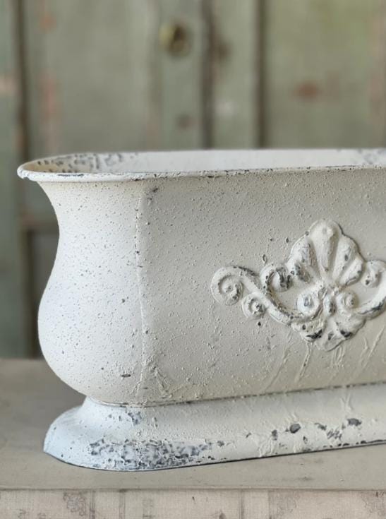 Vintage 15" Distressed White Metal Planter - Etsy