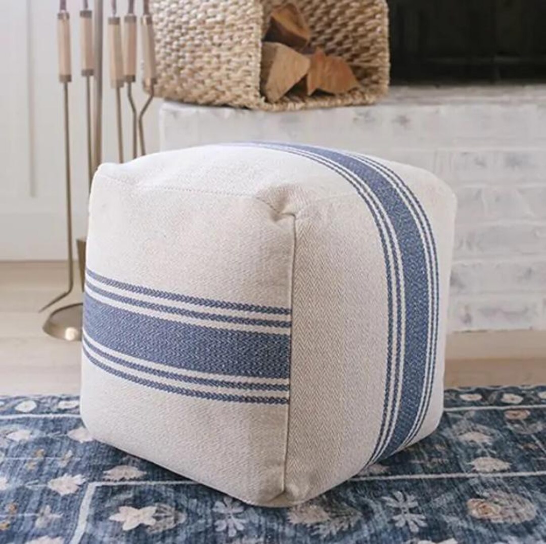 Vintage Cotton Canvas Pouf With Blue Stripes - Etsy
