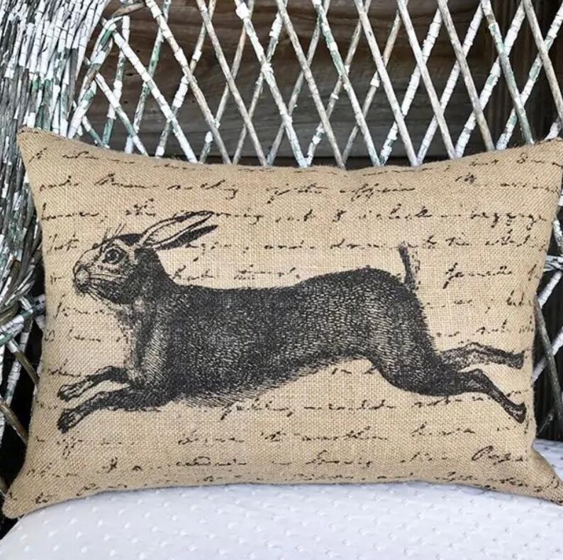 Vintage Leaping Rabbit Burlap Lumbar Pillow - Etsy