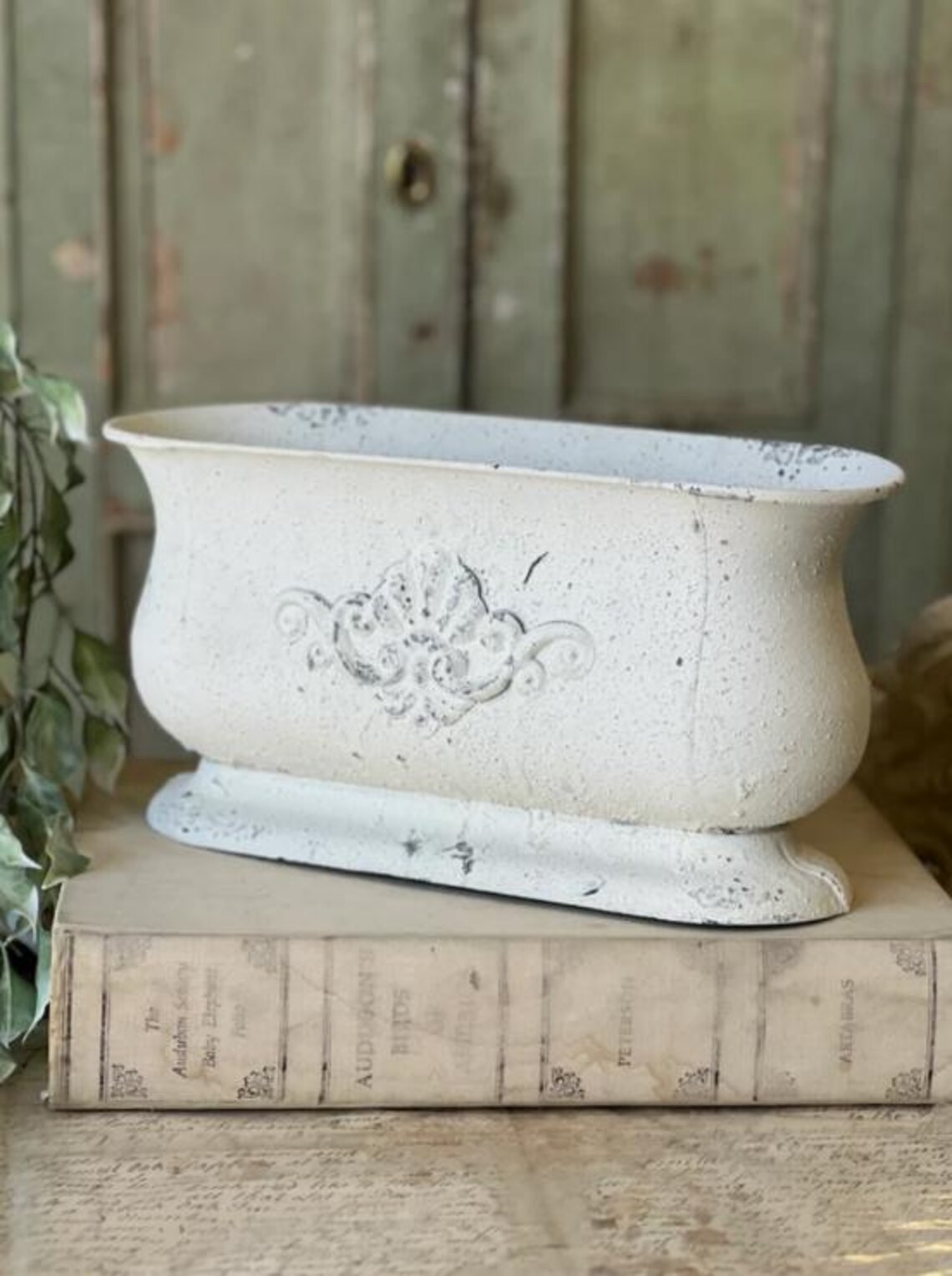 Vintage 15" Distressed White Metal Planter - Etsy