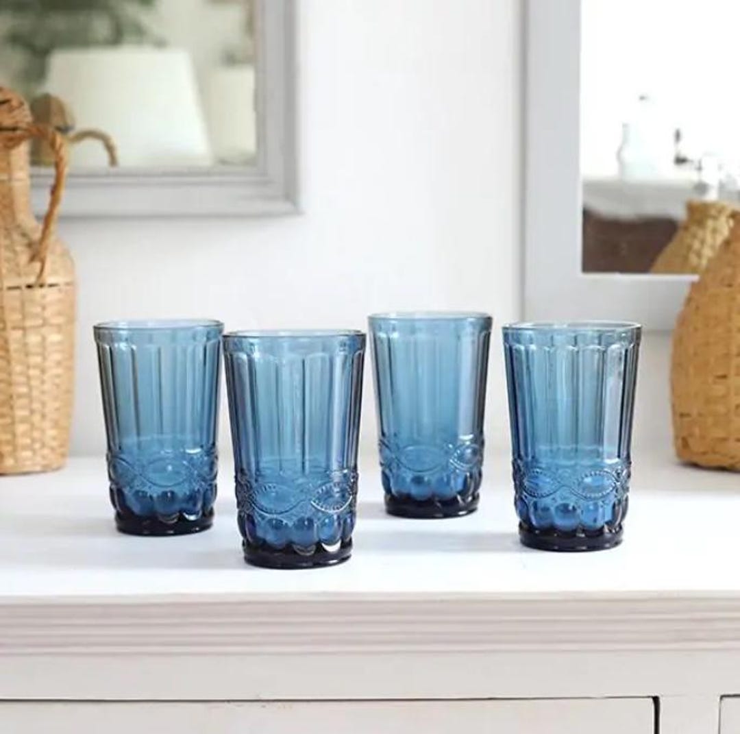 Antique Textured Blue Drinking Glass Set of 4 - Etsy