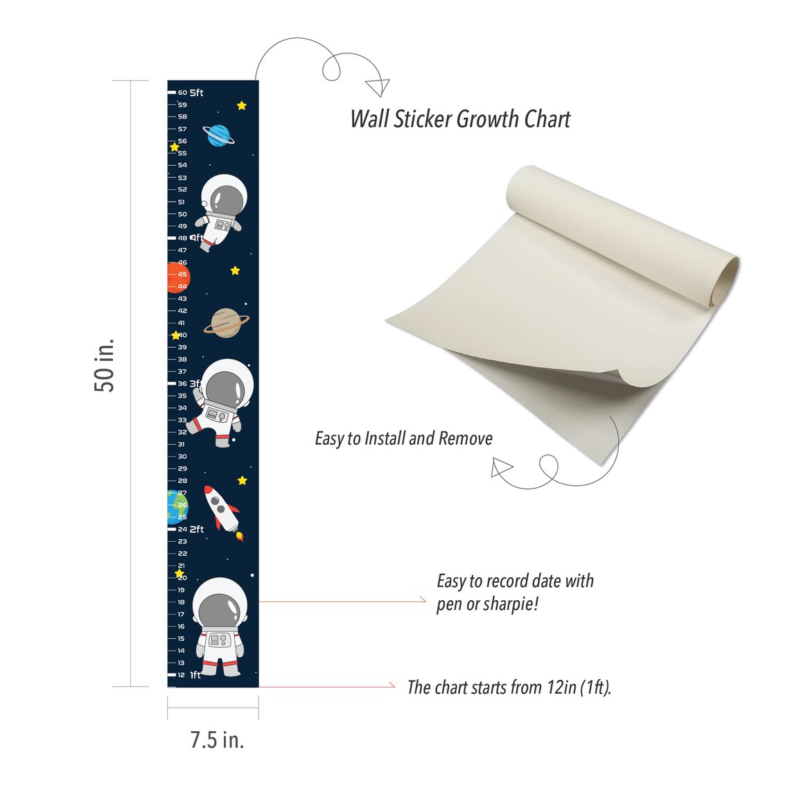 Astronaut Space Growth Chart Wall Decal Height Chart Kids | Etsy