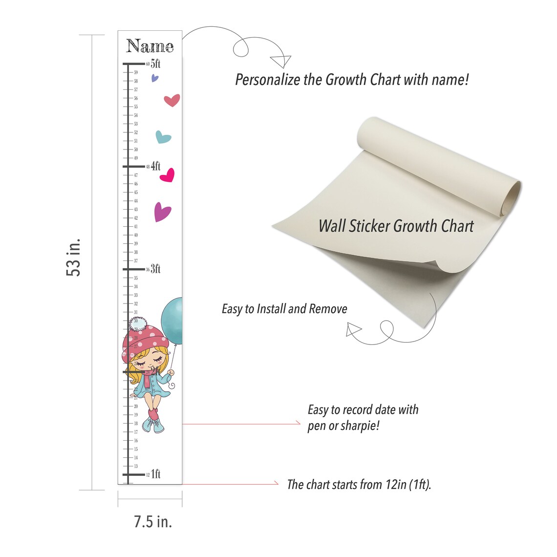 Personalized Growth Chart Wall Decal, Height Chart, Kids Growth Chart ...