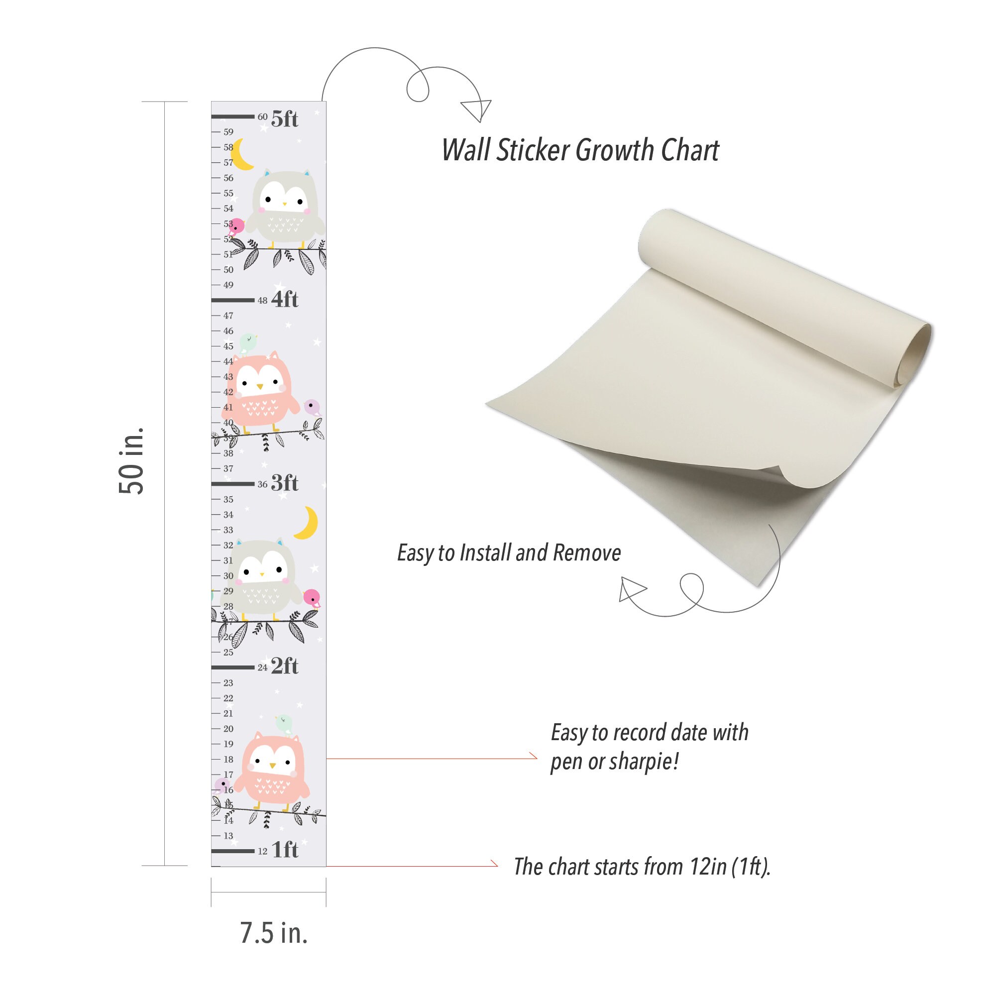 Owl Growth Chart Wall Decal Height Chart Kids Growth Chart - Etsy
