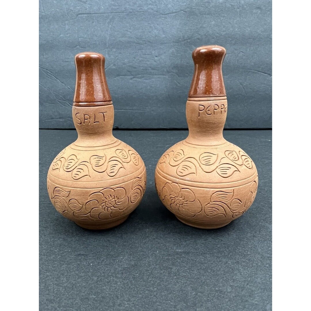 Vintage Handmade Cyprus Pottery Terracotta Salt Pepper Shakers Floral ...