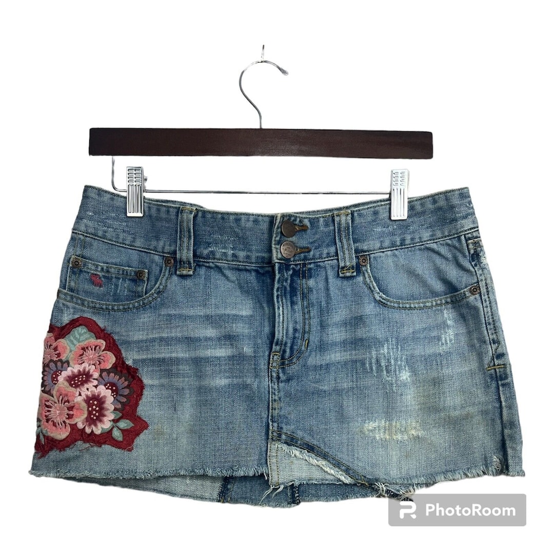 Vtg Y2K Abercrombie Fitch Micro Mini Denim Skirt Sz 6 Embroidery ...