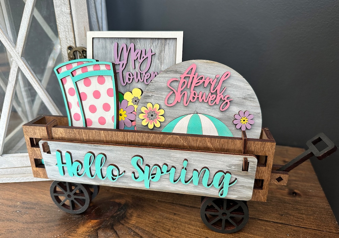 Wagon Shelf Sitter, Spring Shelf Sitter, Spring Decor, April Showers ...