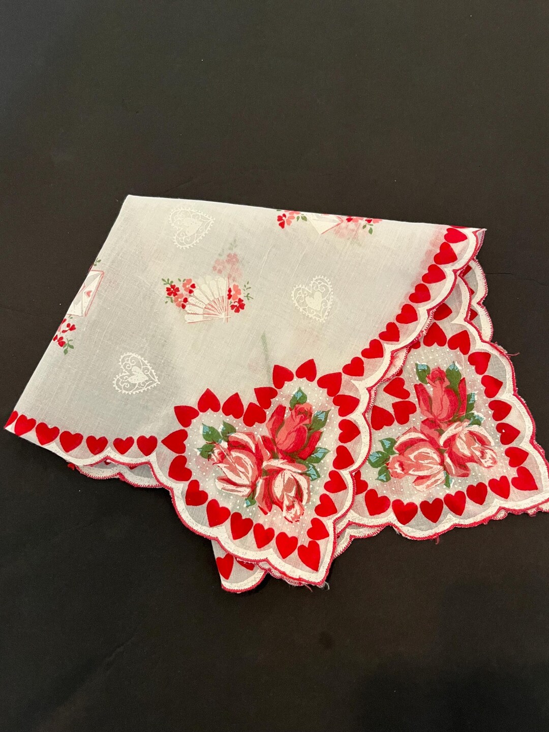 Vintage Valentine's Day Hanky Handkerchief W Roses , Hearts, Fans, Love ...