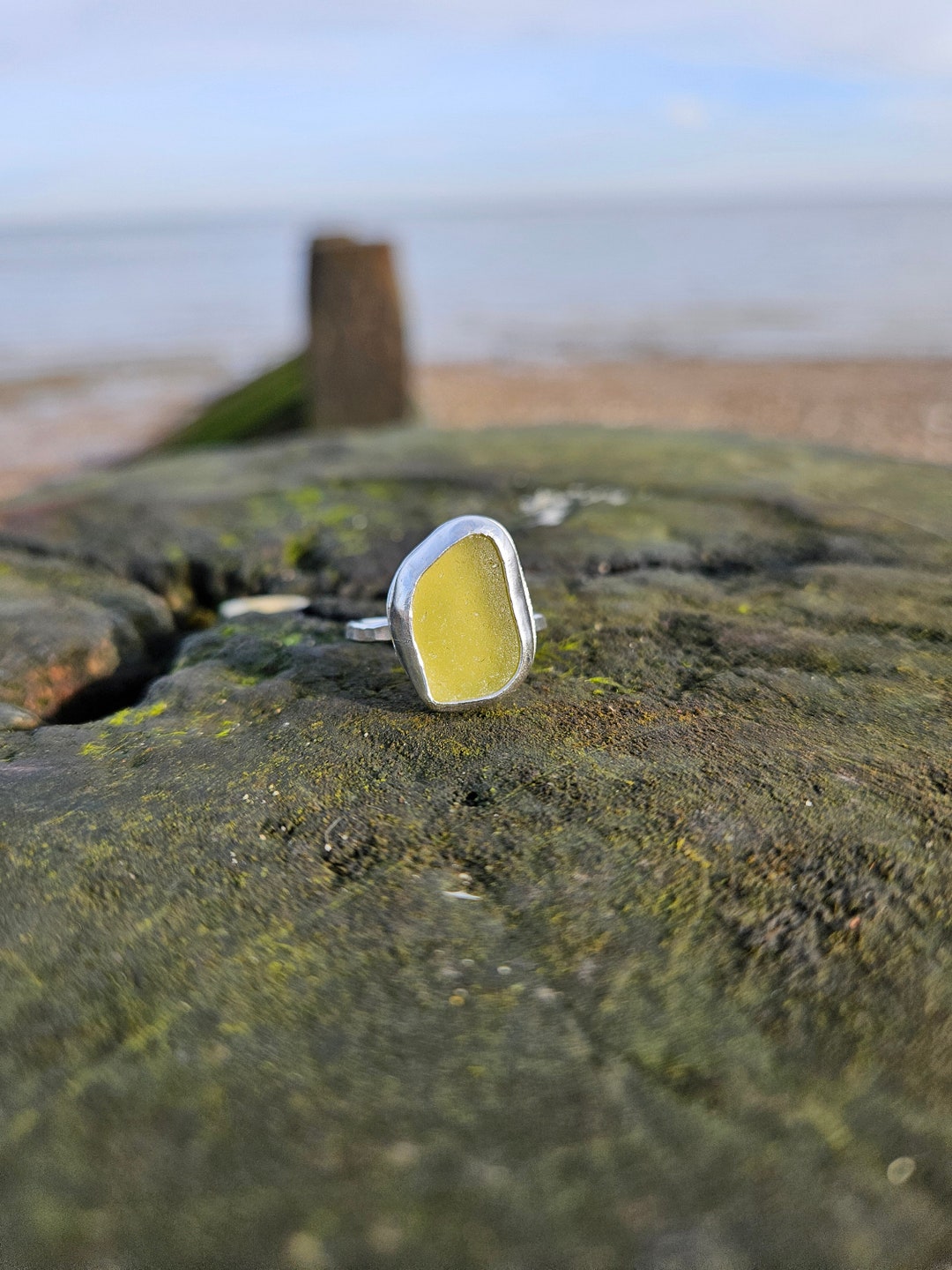 Adjustable Yellow-green Seaglass Statement Ring With Plain Band ...