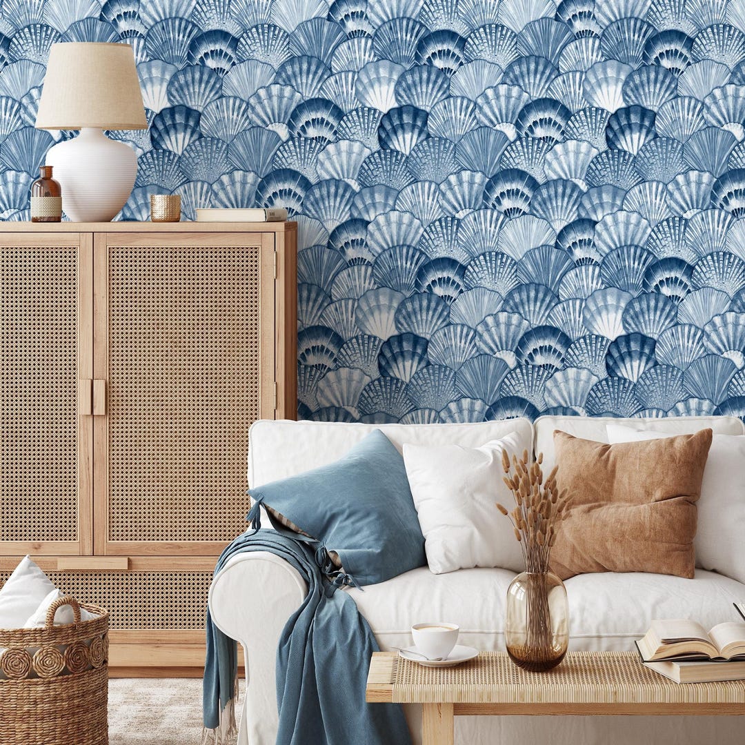 Nautical Seashell Blue Modern Wallpaper - C698 - Etsy