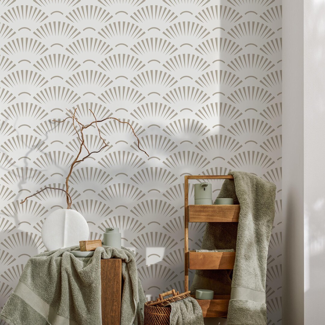 Art Deco Wallpaper With a Geometric Fan Motif in Gray and White - C574 ...