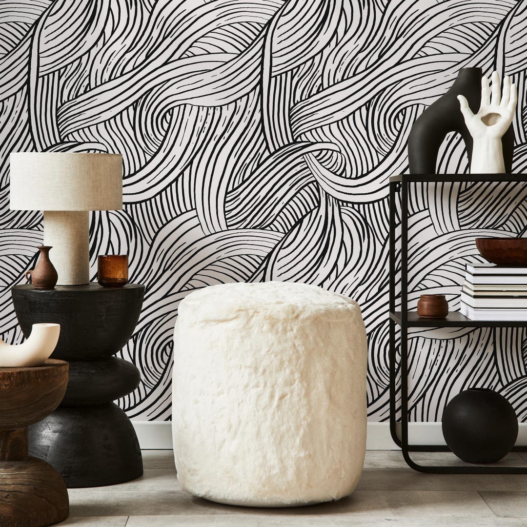 Abstract Wallpaper With a Fluid Line Art Motif in Black and White ...
