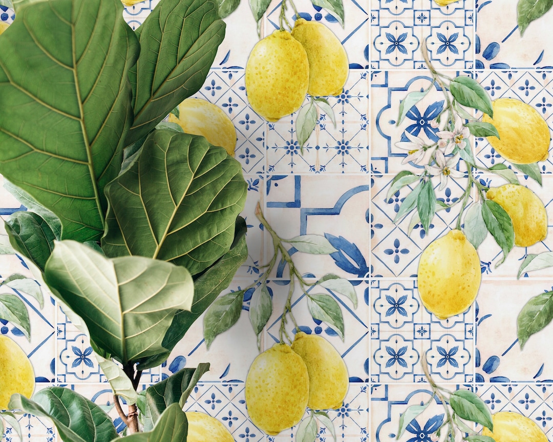 Blue Tiles and Mediterranean Lemon Wallpaper / Peel and Stick Wallpaper ...