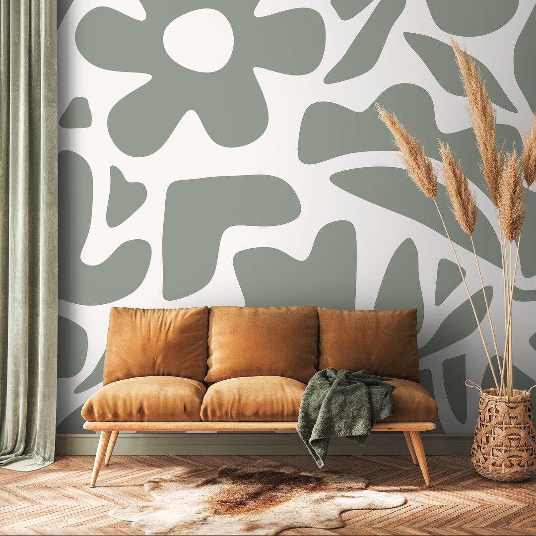 Light Green Abstract Floral Wallpaper - Boho Peel and Stick Mural - Etsy