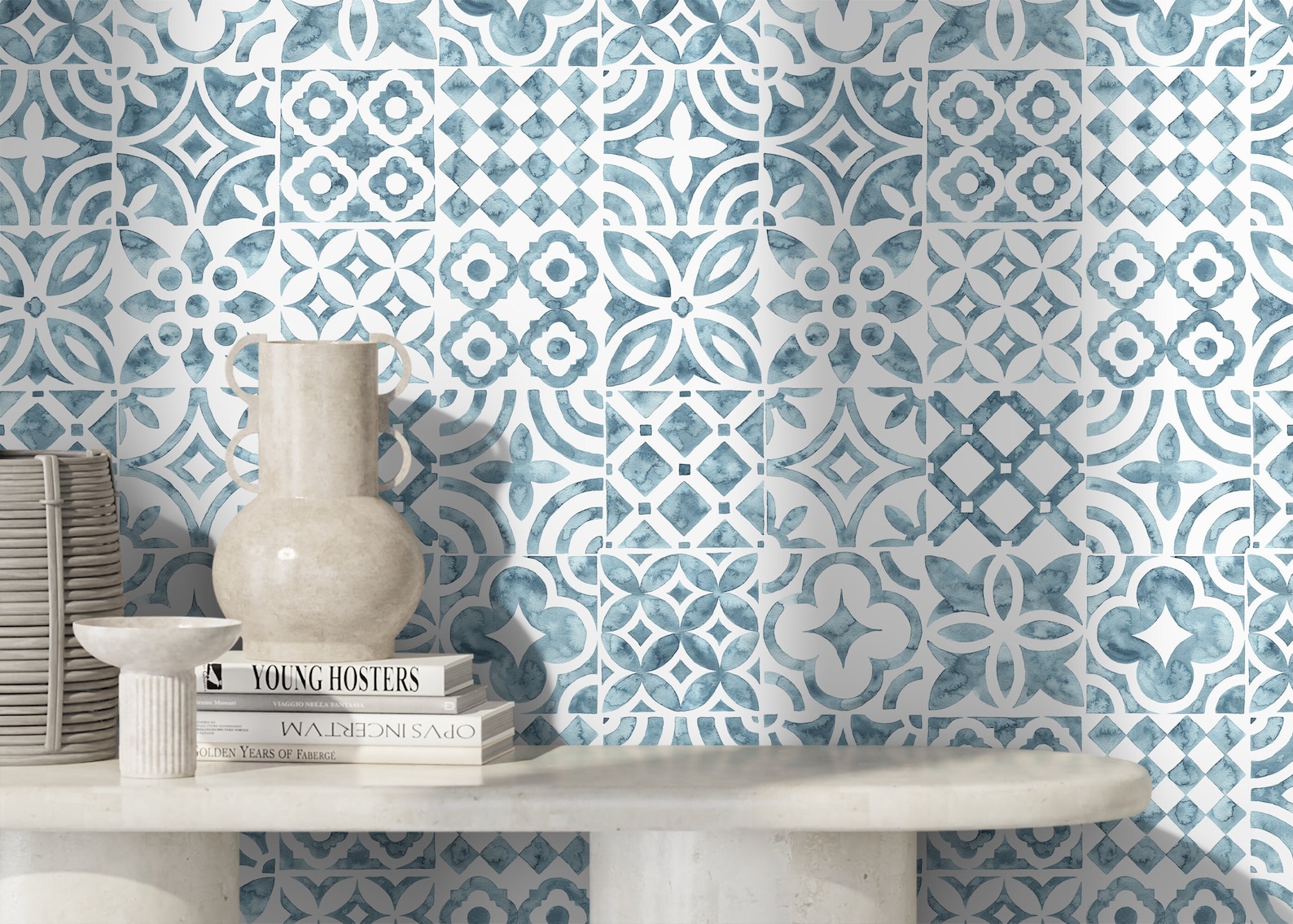 Watercolor Teal Patchwork Tile Wallpaper on White - Peel and Stick ...