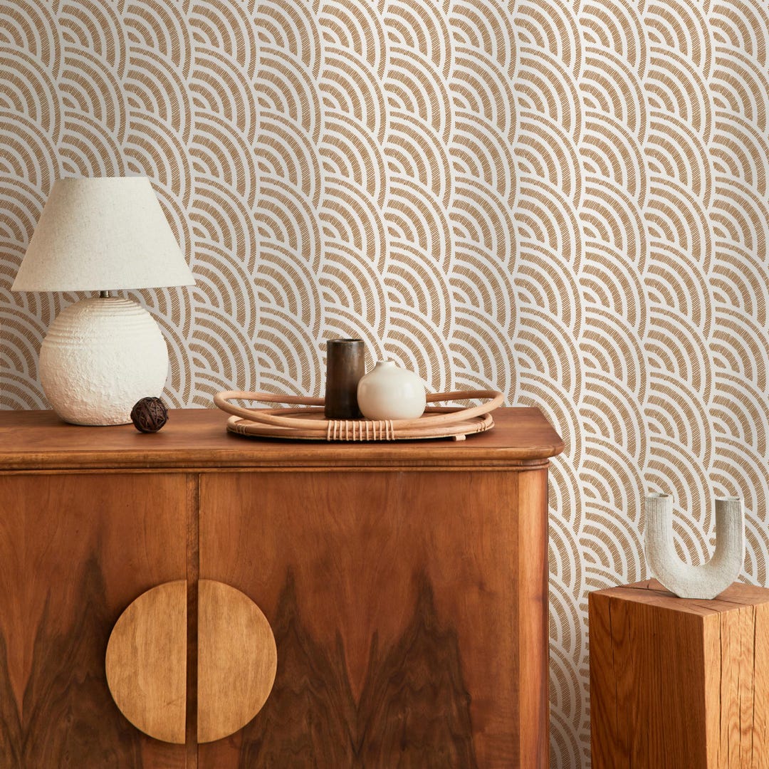 Geometric Wallpaper Featuring a Japanese Seigaiha Pattern in Brown and ...