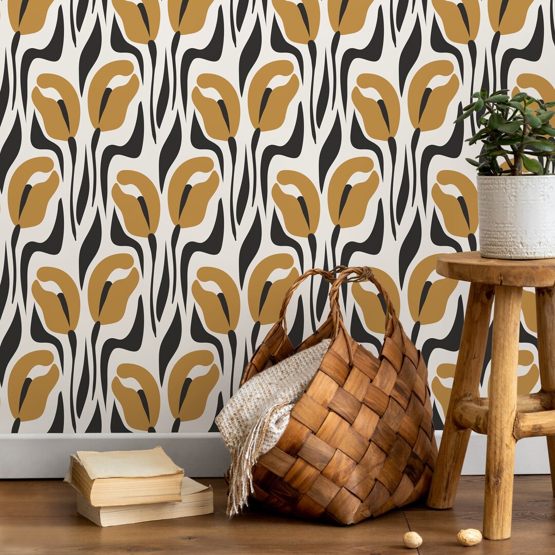 Retro Yellow Floral Wallpaper Vintage Wallpaper Peel and Stick and ...