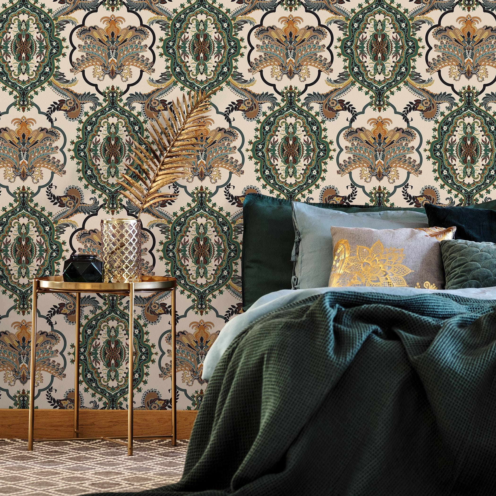 Damask Wallpaper in Green, Gold, and Brown on Beige - Peel and Stick ...