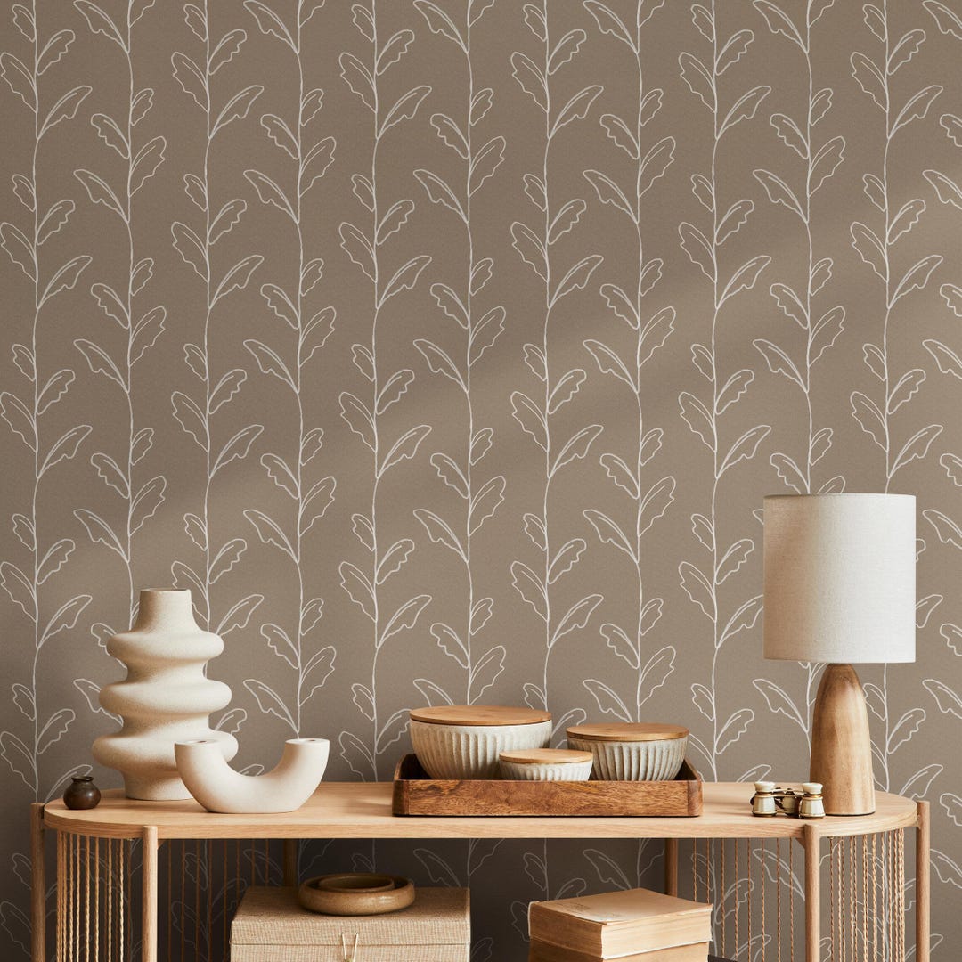 Botanical Wallpaper With a Minimalist Vine in Taupe and White - C643 - Etsy