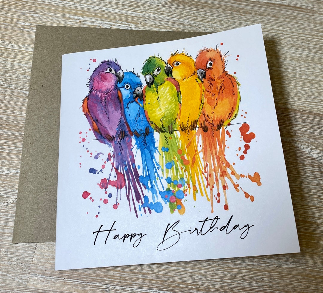 Birthday Card Parrot Birthday Card Card With Birds Brightly - Etsy