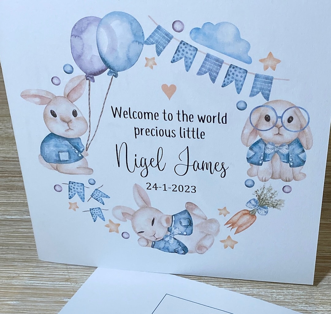 Personalised Baby Boy Card: New Baby, Bunny Design - Etsy Australia