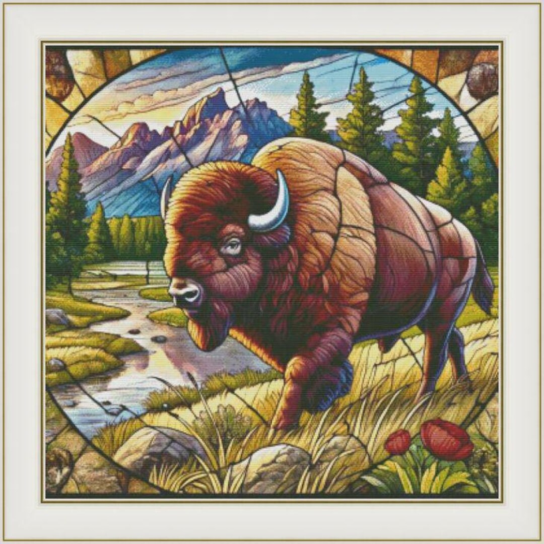Bison - PDF . Counted Cross Stitch Pattern . Stained Glass Style . Full ...