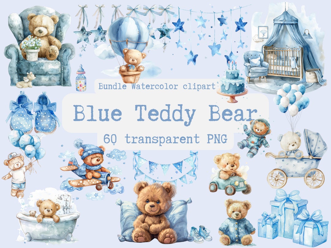 Blue Teddy Bear Clipart, Watercolor Animals Clipart Set, Birthday ...