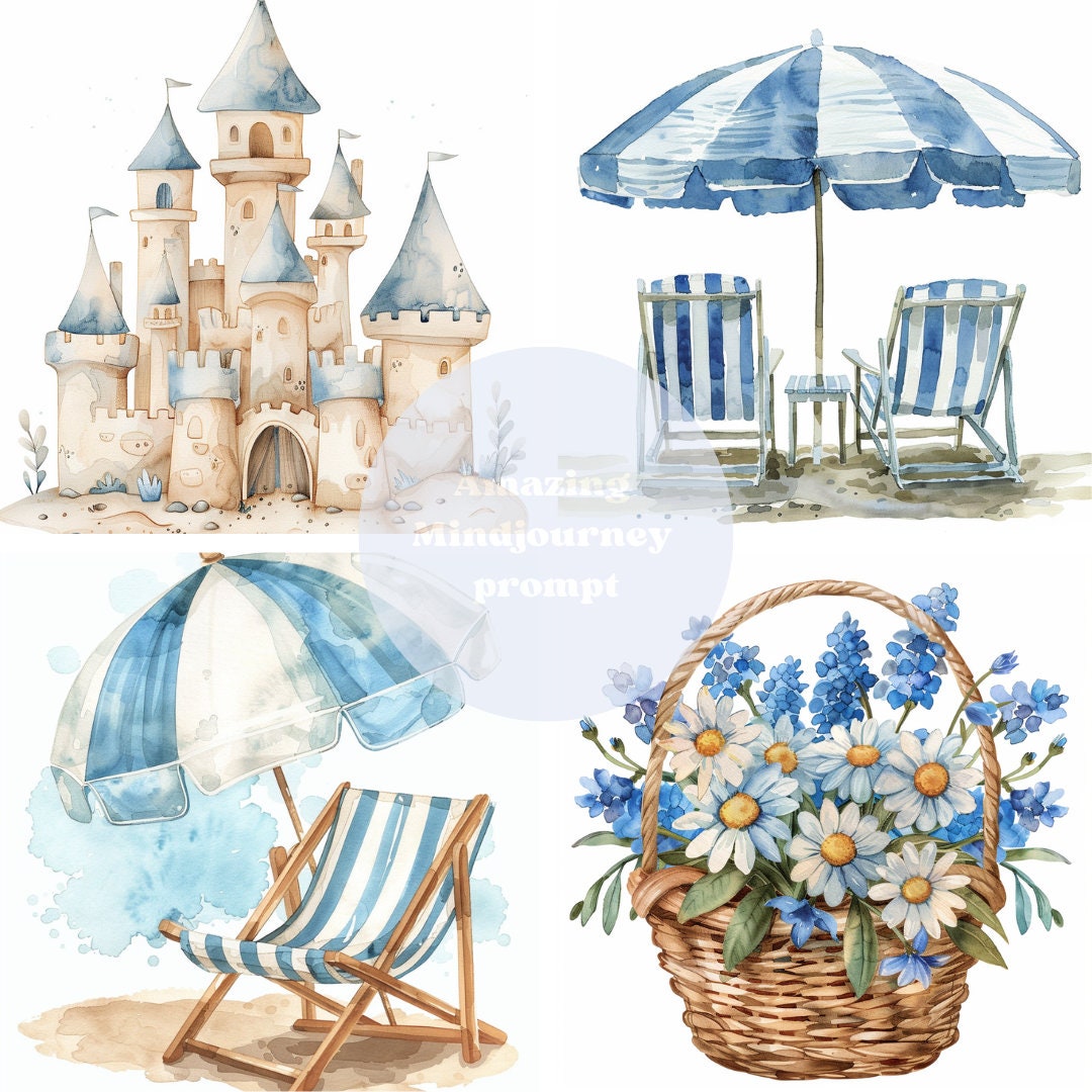Watercolor Clipart Summer Time in Blue Colors, PNG, Digital Product ...