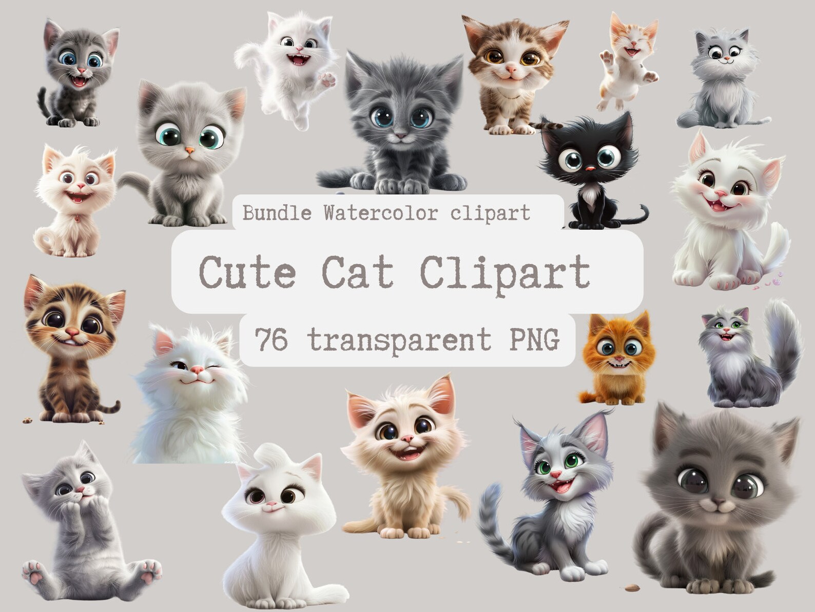 Cute Cat Clipart Bundle, Happy Cats, Cartoon Cat PNG, Funny Kitten ...