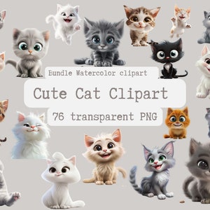 Cute Cat Clipart Bundle, Happy Cats, Cartoon Cat PNG, Funny Kitten ...
