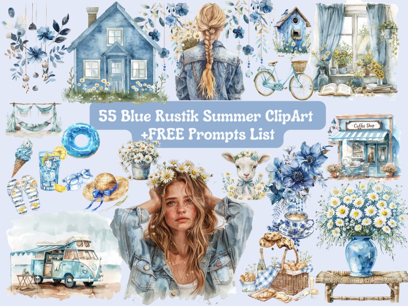 Watercolor Clipart Summer Time in Blue Colors, PNG, Digital Product ...