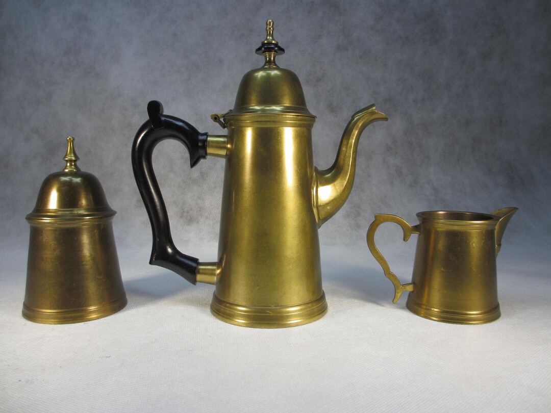 Mocha Service Coffee Pot Milk Jug Sugar Bowl Teapot Brass Silver Plated ...