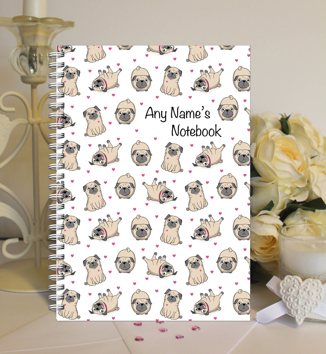 Personalised A5 Notebook Notepad Softbacked Wirebound Pug Dog Puppy ...