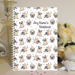 Personalised A5 Notebook Notepad Softbacked Wirebound Pug Dog Puppy ...