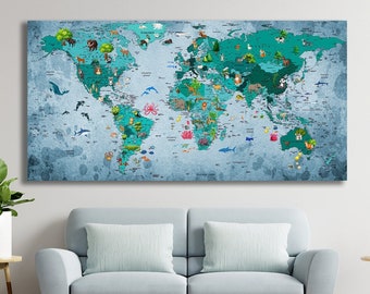 Nursery World Map Canvas Kids World Map Decor Kids Map Print World Map ...
