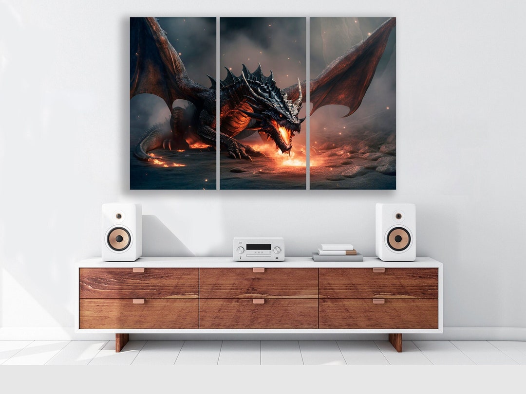 Fire Breathing Dragon Canvas & Print Horned Dragon Fantasy Wall Canvas ...