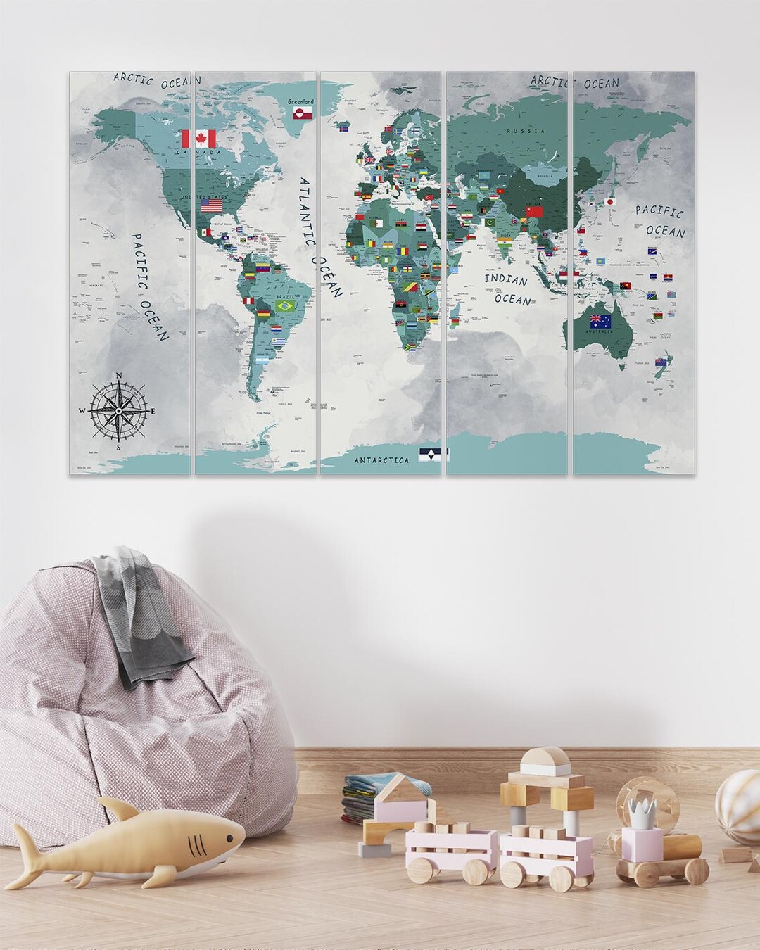 Country Flags World Map Canvas Green World Map Wall Art World Map ...