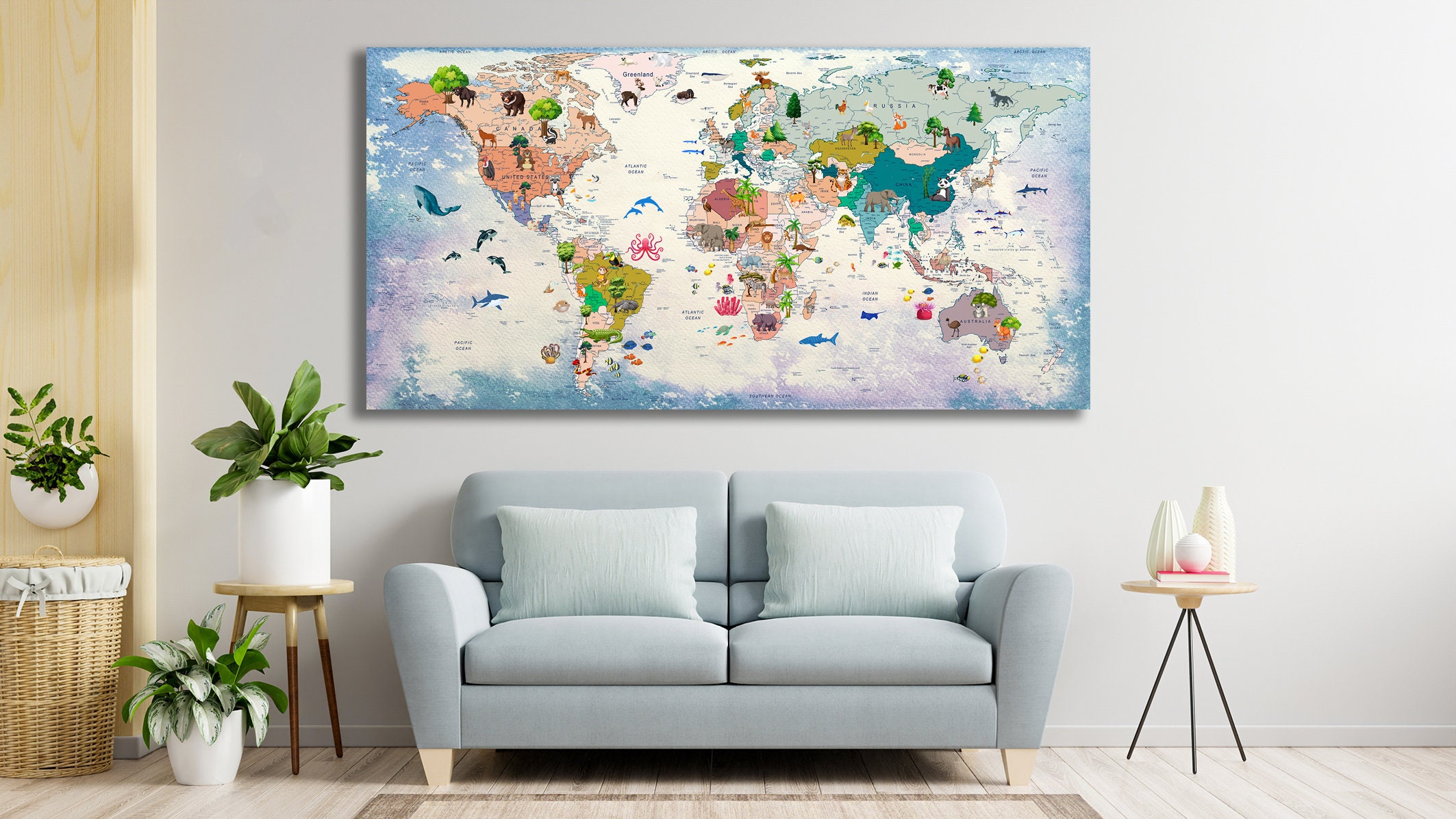 Canvas World Map Kids Wall Art Decor Kids Room Travel Map Art Animal ...