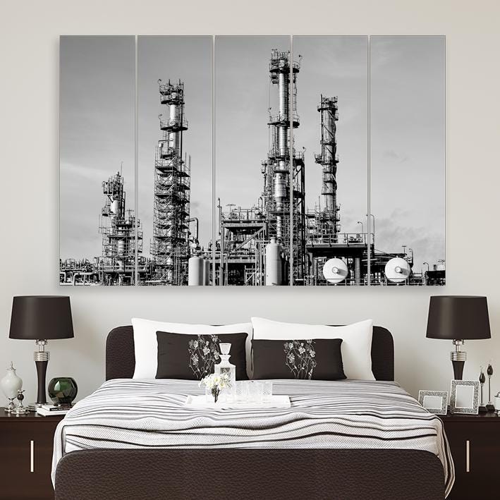 Industrial Oil Refinery Canvas Wall Art – Modern Black and White Multi ...