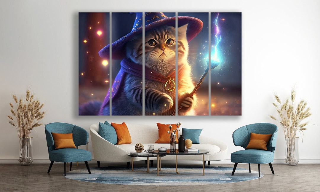 Magic Cats Canvas & Cute Wizard Cat Glowing Wand Print Animal Wall Art ...