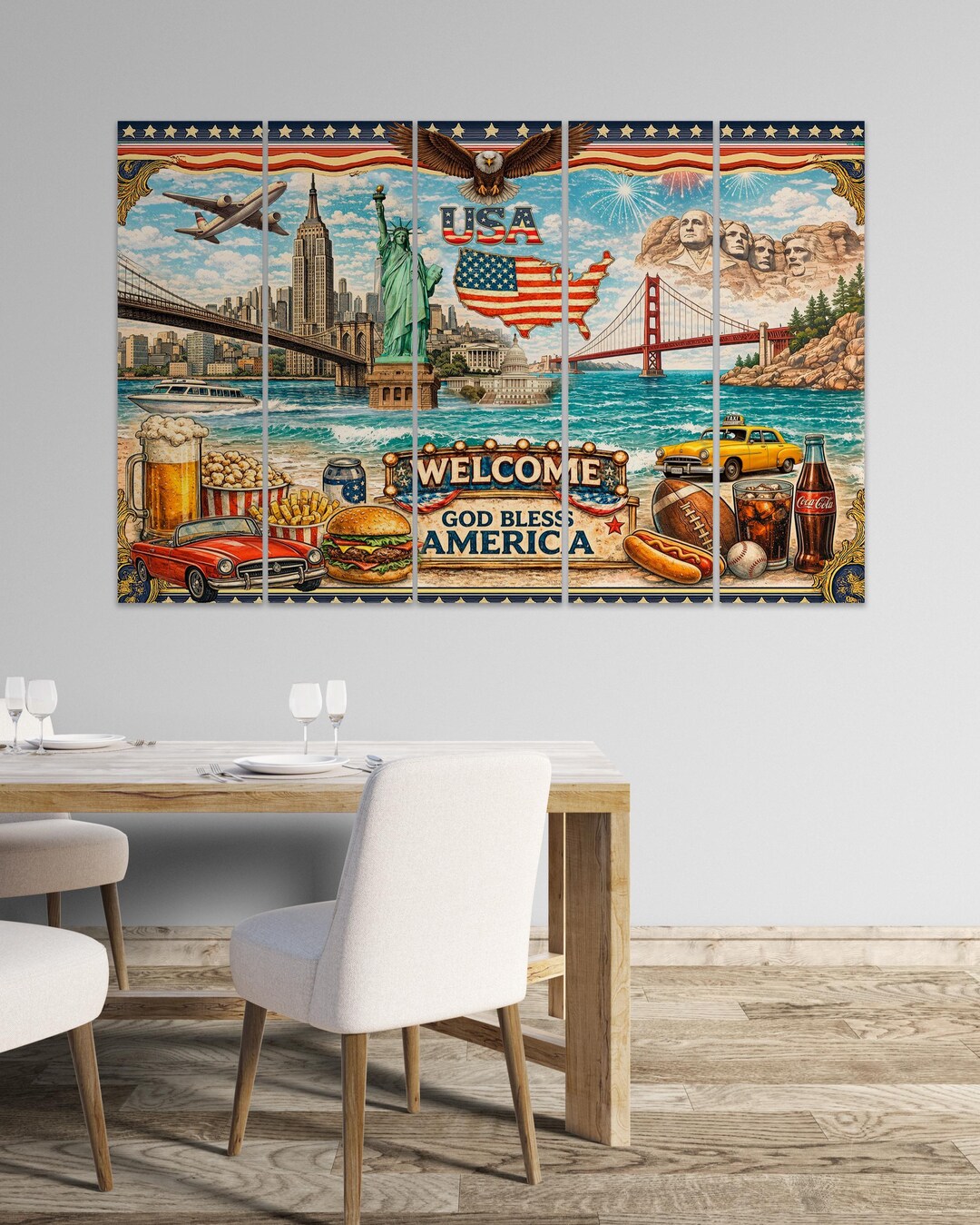 American Tourist Attractions Canvas Landmarks Patriotic Vintage Collage ...