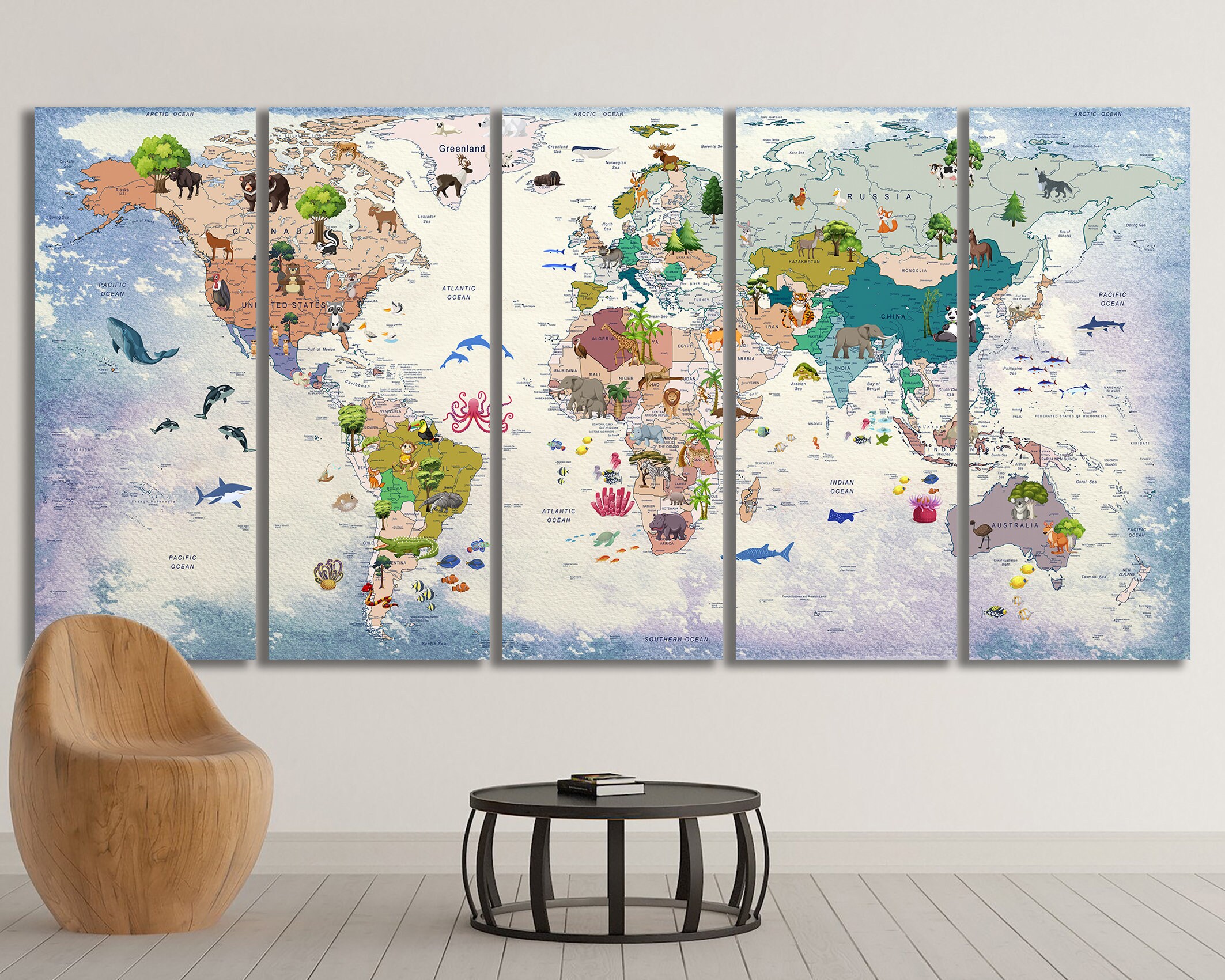 Canvas World Map Kids Wall Art Decor Kids Room Travel Map Art Animal ...