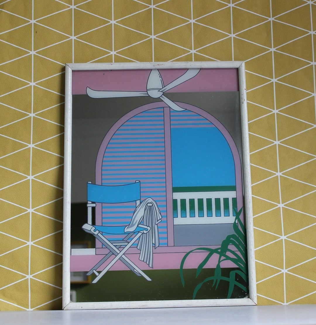 Vintage 80s Pop Art Mirror, Pink Balcony, Blue Chair, Wood Frame - Etsy