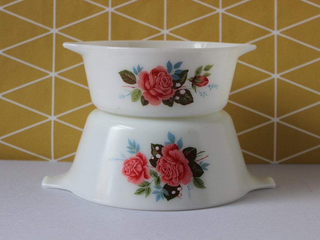 Vintage 70s JAJ Pyrex Retro Pink 'cottage Rose' White Glass Small 1 OR ...