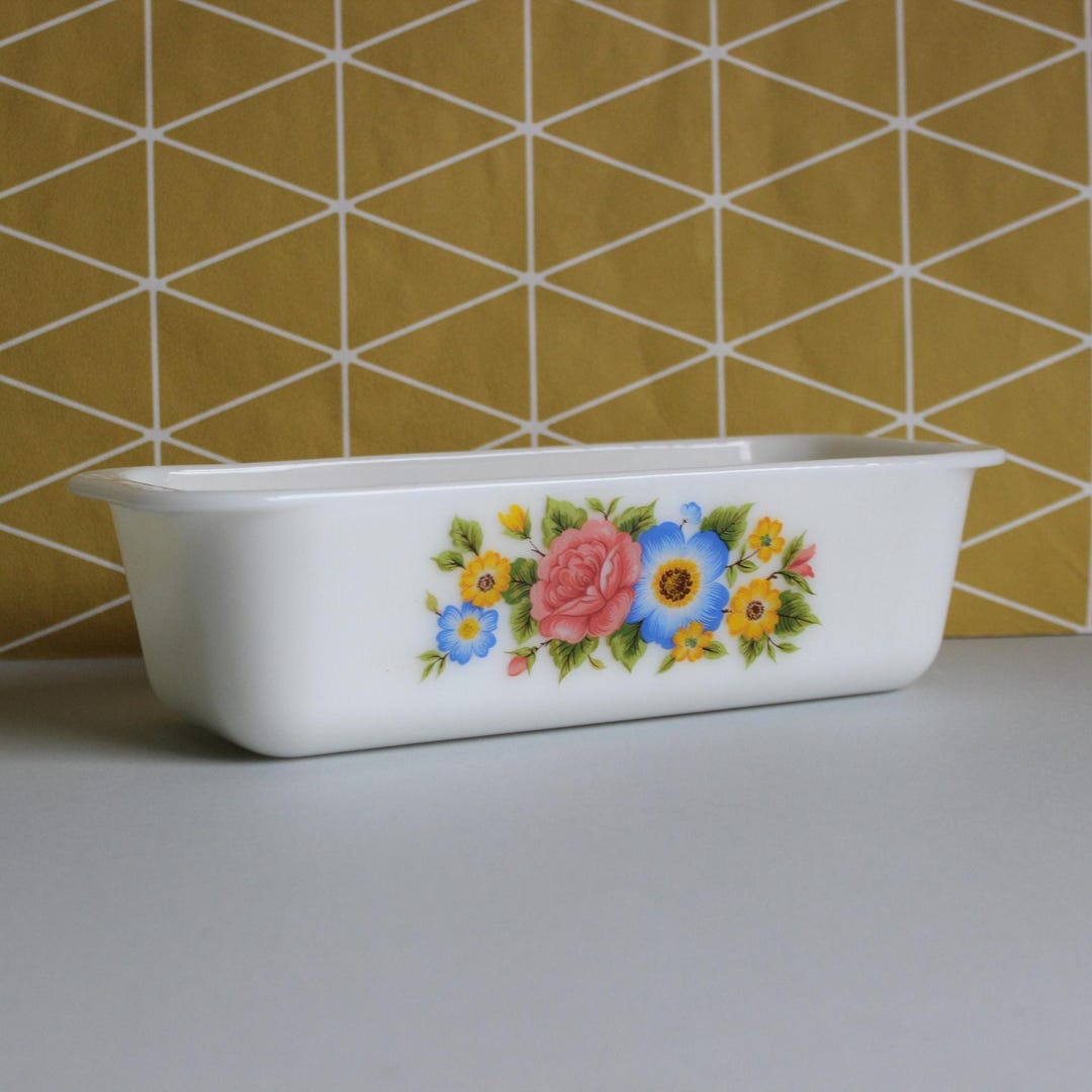 Vintage Pyrex Loaf Dish, 80s Cottage Garden Floral, White Opal Glass ...