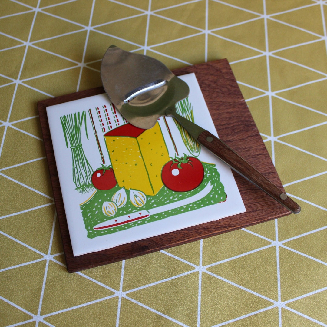 Vintage 60s 70s Wooden & Ceramic Tile Cheese Board Platter With Green ...